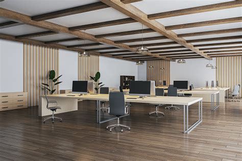 현대적인 로프트 콘크리트와 다양한 가구 장비 및 품목이 있는 목재 공동 작업 인테리어 상업 작업 공간 개념입니다 3d 렌더링 사무실에 대한 스톡 사진 및 기타 이미지