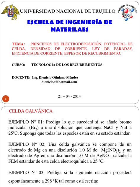 Principios De Electrodeposición Potencial De Celda Densidad De Corriente Ley De Faraday