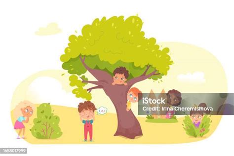 어린 아이들은 숨바꼭질을하고 공원에서 찾습니다 여름 방학 벡터 일러스트에서 친구들과 야외에서 게임을 합니다 소년 계산 소년 숨기기 시작 나무 숨기기 위해 실행 하는 소녀