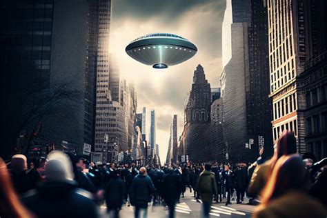 Alien Invasion Ufo Panic Among People Flying Saucer In The City Stock Illustration