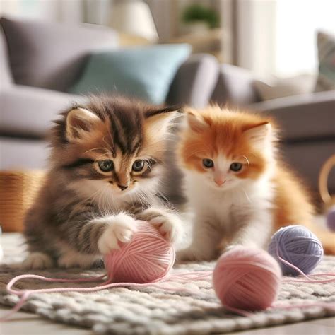Premium Photo Cute Kittens Playing With Yarn In The Living Room