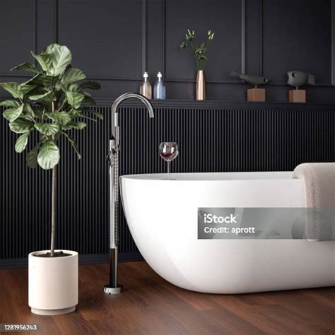 어두운 패널욕실에 흰색 독립형 욕조 3d 렌더 모던 양식에 대한 스톡 사진 및 기타 이미지 모던 양식 욕실 0명 Istock