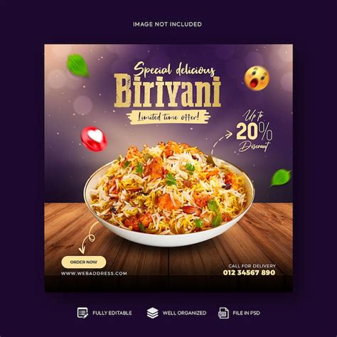 음식 메뉴 및 레스토랑 소셜 미디어 배너 또는 Instagram 게시물 템플릿 디자인 프리미엄 Psd 파일