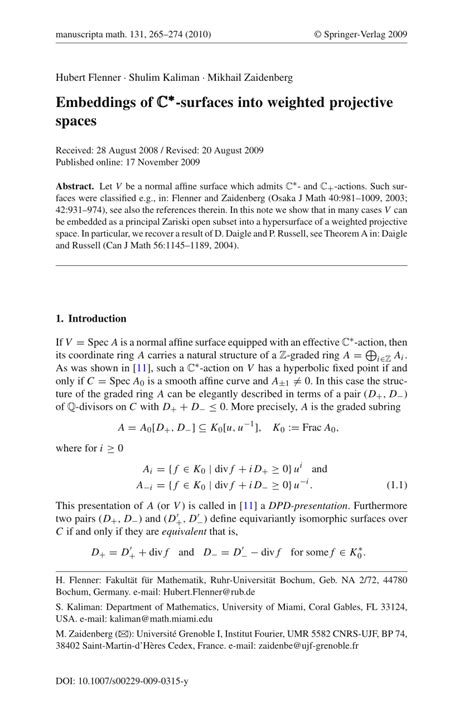 Pdf Embeddings Of ℂ Surfaces Into Weighted Projective Spaces