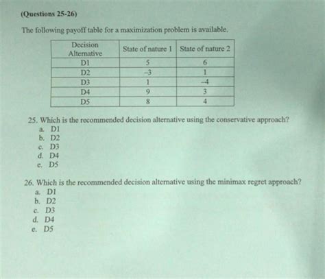 solved questions 25 26 the following payoff table for a