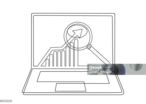 화면 노트북에 증가하는 화살표 막대 그래프 및 돋보기의 연속적인 한 선 그리기 손으로 그린 디자인 벡터 일러스트 레이 션 0명에 대한 스톡 벡터 아트 및 기타 이미지