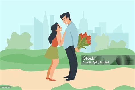 부부 관계 공원을 걷는 남자와 여자 낭만적인 데이트에 꽃다발을 주는 소년 사랑에 빠진 젊은 캐릭터 남자친구와 여자친구 만화 플랫 벡터 일러스트레이션 가족에 대한 스톡 벡터