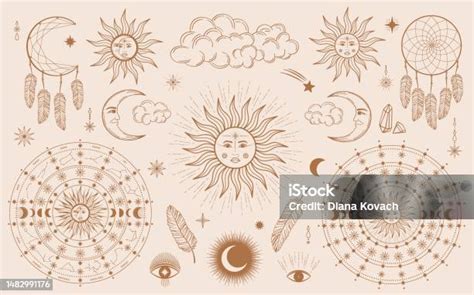 여자의 얼굴 달 드림캐쳐 깃털 조디악 기호 라인 아트의 별이 있는 신비로운 태양의 손으로 그린 세트 영적 천상의 공간 별자리 별자리 마법의 부적 벡터 일러스트레이션 0명에