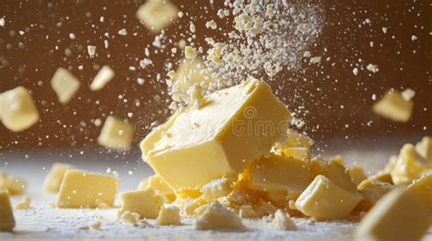 Shattering Butter Cubes Yellow Dairy Chunks Flying Against Brown Background Stock Illustration