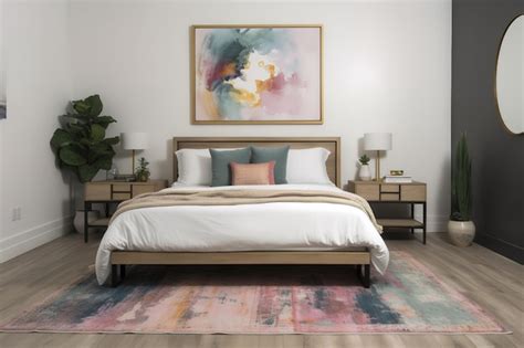 큰 침대와 거울이 있는 세련된 객실 내부 정돈되지 않은 침대 로프트와 현대적인 침실 3d 렌더 이미지가 있는 가볍고 귀엽고 아늑한 홈 침실 인테리어 Generative Ai