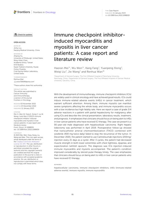 Pdf Immune Checkpoint Inhibitor Induced Myocarditis And Myositis In Liver Cancer Patients A