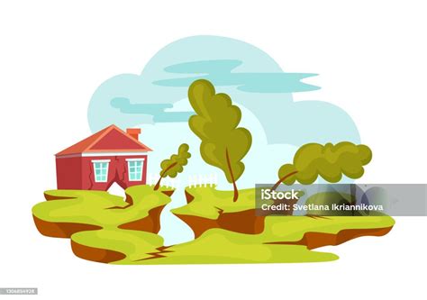 자연 재해 지진 지진 중에 집이 금이 지고 땅이 부서졌습니다 대격변 재앙 자연의 파괴 와 환경 피해 만화 벡터 건물 외관에 대한 스톡 벡터 아트 및 기타 이미지 Istock