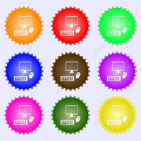 Set Of Nine Vector Labels Featuring Widescreen Computer Monitor Keyboard And Mouse Icons In