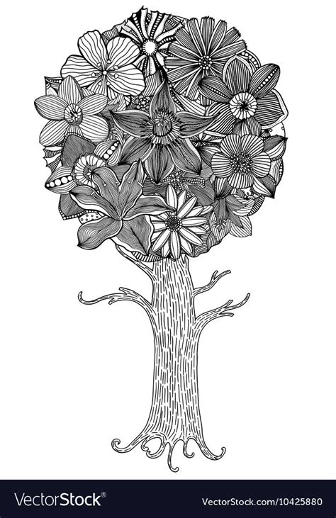 Beautiful Trees With Flowers Drawing