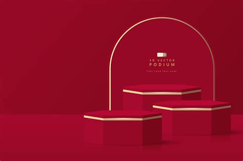 빨간 3d 육각형 연단 받침대의 고급 세트 현실적 또는 아치 모양 배경이 있는 제품 디스플레이 프레젠테이션을 위한 무대 모형을 위한 최소한의 장면 무대 쇼케이스 3d 벡터
