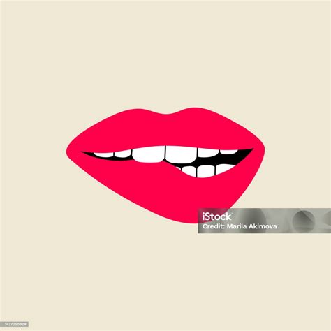 현대 플랫 라인 스타일 팝 아트에서 이빨을 물어 뜯는 여성 인간의 입 입술을 엽니 다 섹시한 입술 열정 흥미로운 열린 입의 손으로 그린 벡터 일러스트레이션 패션 패치 배지