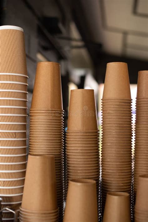 Stacks Of Paper Brown Cups For Coffee Craft Cups For Coffee Stock