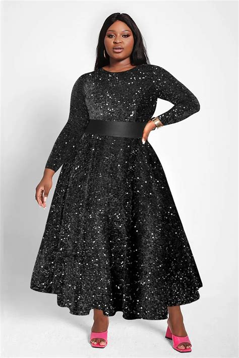 Xpluswear Design Plus Size Royal Blue Semi Formal Round Neck Long Sleeve Sequin Midi Dresses