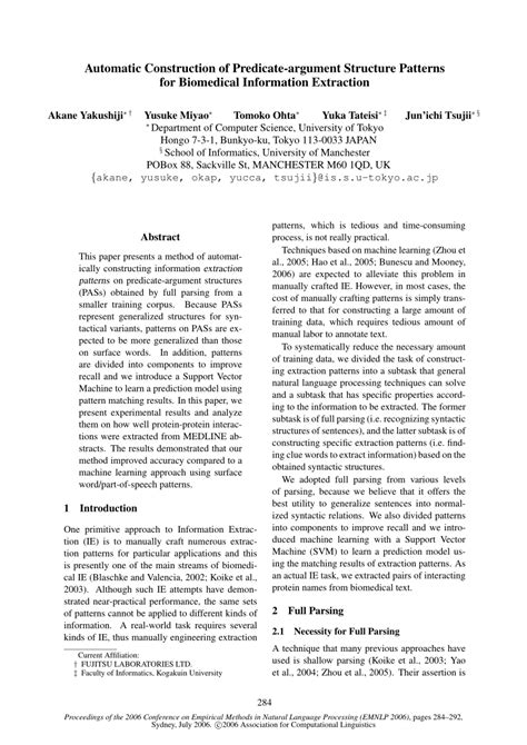Pdf Automatic Construction Of Predicate Argument Structure Patterns For Biomedical Information