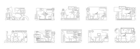 Office Interior Designs Outline Vector Illustrations Set Employee Workplace Contour Compositions