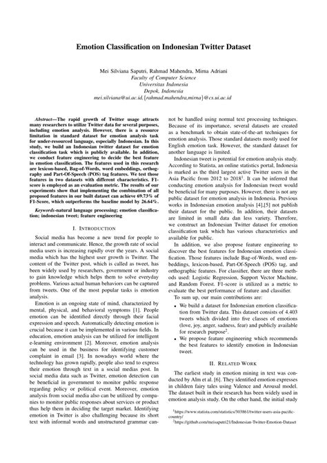 Pdf Emotion Classification On Indonesian Twitter Dataset