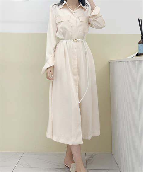 무료배송 투포켓 트임 실키 셔츠 롱 원피스