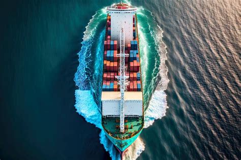 Ship Sailing By Sea To Cargo Port With Rows Of Containers On Deck Stock