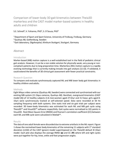 Pdf Comparison Of Lower Body 3d Gait Kinematics Between Theia3d Markerless And The Cast Model