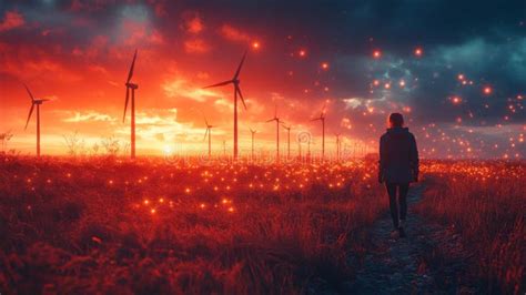 Holographic Wind Farms With Animated Turbines Glowing Under A Dramatic Sunset Sky Stock Image