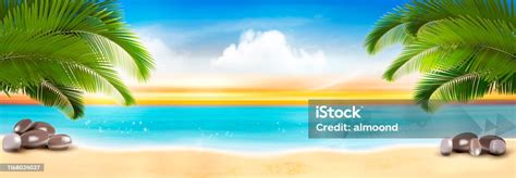 여름 휴가 파노라마입니다 야자수와 푸른 바다와 열대 해변입니다 벡터 관광에 대한 스톡 벡터 아트 및 기타 이미지 관광 관광 리조트 관광객 Istock