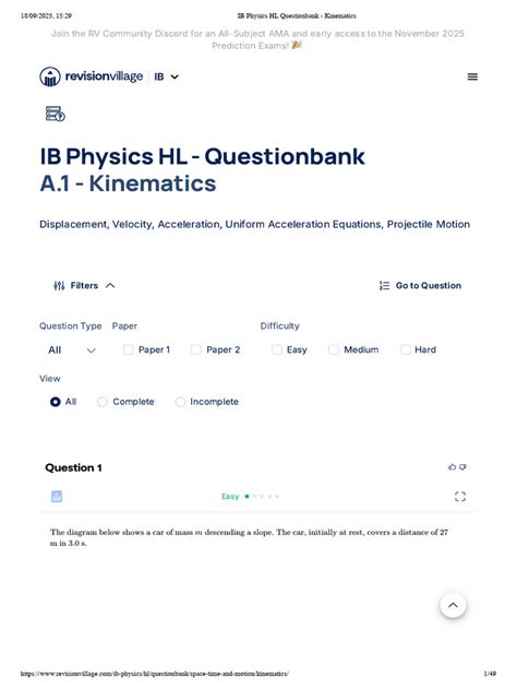 Ib Physics Hl Kinematics Questionbank Pdf Velocity Acceleration