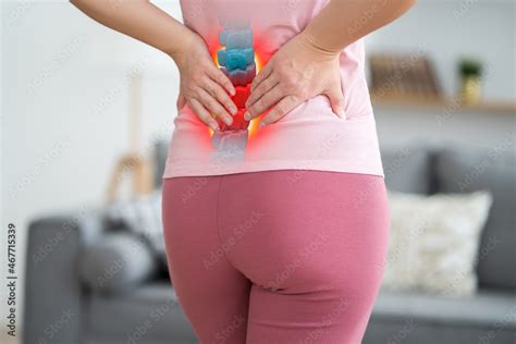 Poster Lumbar Intervertebral Spine Hernia Woman With Back Pain At Home