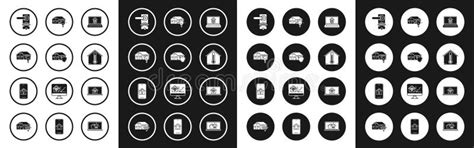 Set Laptop With Smart Home House Under Protection Smart House And Light Bulb Digital Door