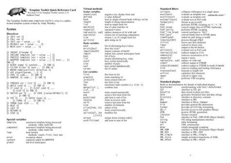Template Toolkit Quick Reference Card Quick Reference Cards