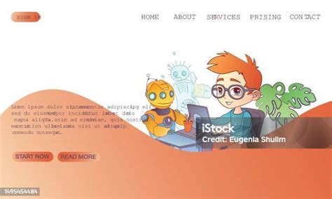 소년 조립 및 프로그래밍 로봇 미래 기술을 연구하는 젊은 엔지니어 캐릭터 교육 프로젝트 만화 스타일 벡터 일러스트레이션 가공의