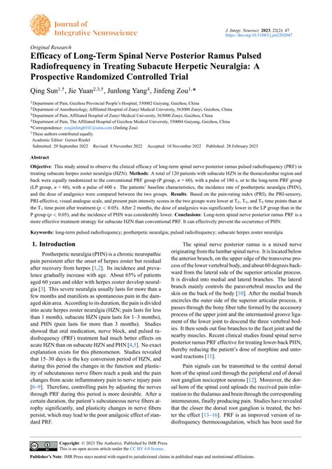 Pdf Efficacy Of Long Term Spinal Nerve Posterior Ramus Pulsed Radiofrequency In Treating