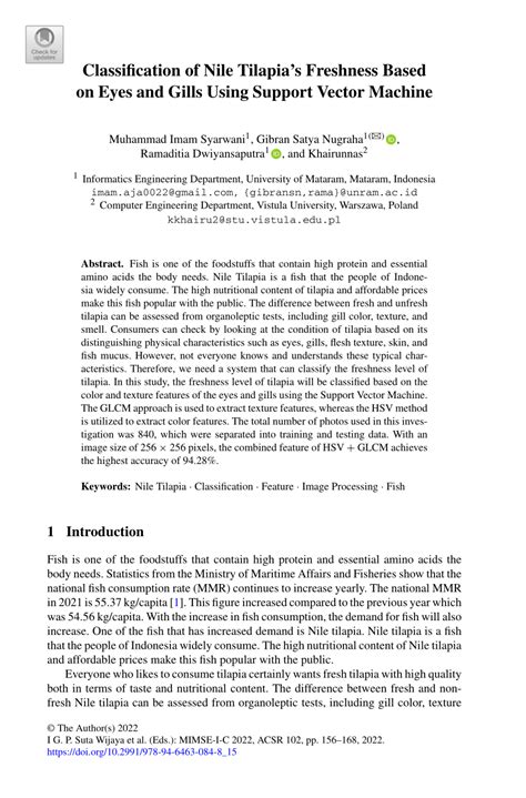 Pdf Classification Of Nile Tilapias Freshness Based On Eyes And Gills Using Support Vector