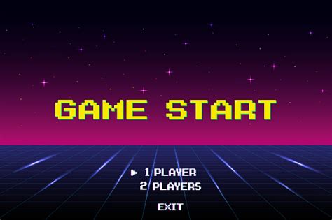 게임 시작 픽셀 아트 8 비트 게임 복고풍 미래파 공상 과학 배경 빛나는 네온 그리드 빈티지 아케이드 컴퓨터 게임의 스타 0명에 대한 스톡 벡터 아트 및 기타 이미지