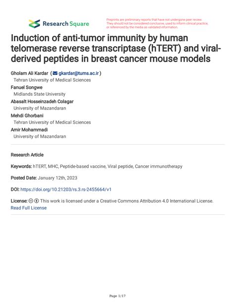 Pdf Induction Of Anti Tumor Immunity By Human Telomerase Reverse