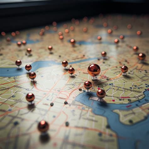 Urban Navigation Red Pins On City Map Guiding Exploratory Routes Stock Urban Navigation Red Pins On City Map Guiding Exploratory Routes Stock
