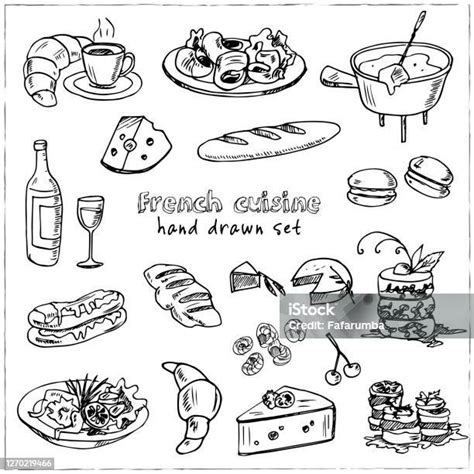 손으로 그린 프랑스 요리 음식 스케치 주요 요리 디저트 음료의 다른 종류 카페 메뉴 전단지 칠판에 대한 흰색 배경에 격리 된