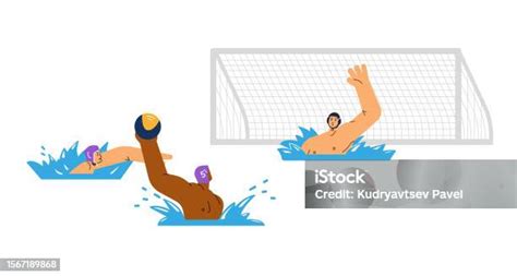 수구 경기장 선수들과 골키퍼가 공을 던지고 흰색 배경에 분리된 평면 벡터 그림 팀 스포츠 개념입니다 수영장에서 공을 가지고 노는 남자들 건강한 생활방식에 대한 스톡 벡터