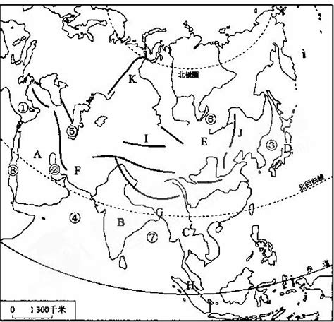 读亚洲区域图 完成下列问题 1 将图中下列序号所代表的地形区名称填在横线上 A 半岛 E 高原 2 写出图中数字代表的水域名称 ③ ⑤ 3 根据所学c——青夏教育精英家教网——
