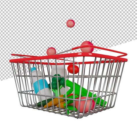 야채 3d 렌더링 그림과 함께 투명한 배경에 바구니 또는 쇼핑 카트 프리미엄 Psd 파일
