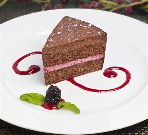 Chocolate Cake With Raspberry Sauce Plating