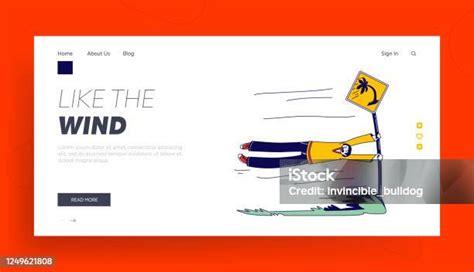 기상 예보 착륙 페이지 템플릿 강한 바람으로 날려 야자수와 도로 표지판에 매달려 행복한 남성 캐릭터 매우 바람과 열대 뇌우 선형 벡터 일러스트레이션 개념에 대한 스톡 벡터