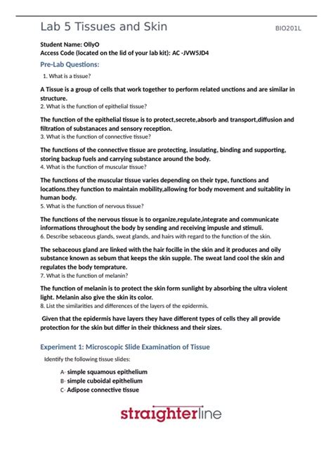 Straighterline Bio 201l Lab 5 Tissues And Skin Questions And Answers 98