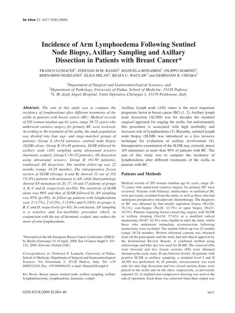 Pdf Incidence Of Arm Lymphoedema Following Sentinel Node Biopsy Axillary Sampling And