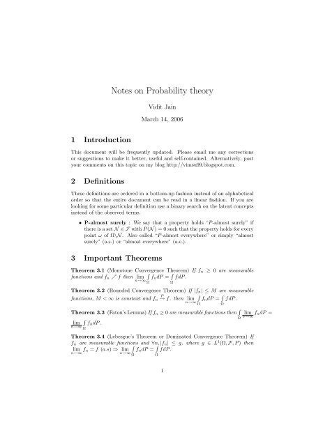 Notes On Probability Theory
