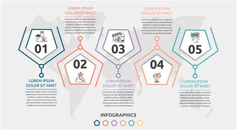 벡터 플랫 인포그래픽 템플릿입니다 다섯 다이어그램 그래프 순서도 타임 라인 마케팅 프리젠 테이션에 대한 텍스트와 아이콘 라인 오각형 개념에 대한 스톡 벡터 아트 및 기타